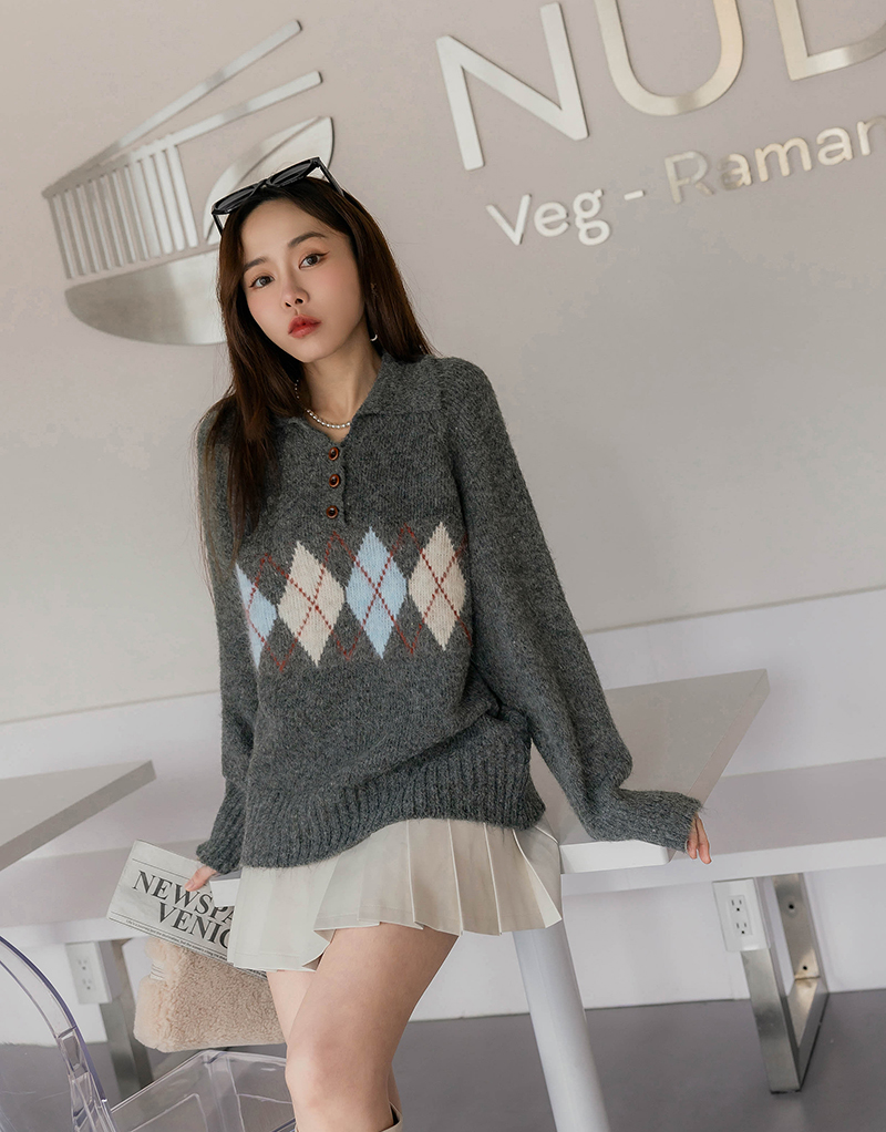 英倫風混色感菱格針織毛衣 - SEOUL MATE 首爾妹